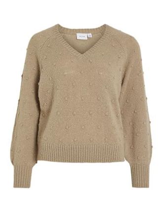 Vila Vila Vituli L/S V-Neck Gliter Knit Top/PB, Savannah Tan, M Femme