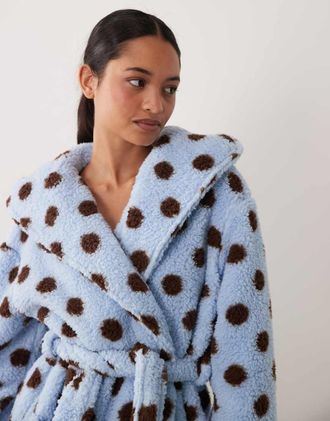 Threadbare Bademantel mit Kapuze und Polka-Dot-Muster in Blau und Braun