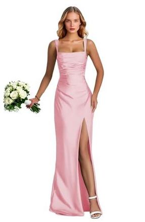 Generic Robe de demoiselle dhonneur en satin pour femme - Robe de bal sir&egrave;ne - Bretelles spaghetti - Corset long pliss&eacute; - Robe de soir&eacute;e formelle avec fente, 