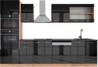 Vicco K&uuml;chenzeile R-Line, Anthrazit Hochglanz/Goldkraft Eiche, 300 cm mit Hochschrank, AP Anthrazit