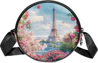 Generic Sac &agrave; bandouli&egrave;re rond pour femme, motif Tour Eiffel roses, petit sac &agrave; bandouli&egrave;re avec fermeture &eacute;clair, bretelles r&eacute;glables, sac &agrave; main rond d&eacute;cont