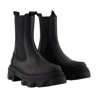Ganni Womens Chunky-Sole Leather Chelsea Boot Black Plastic