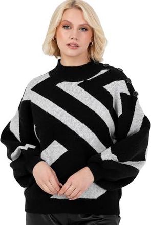 Lovedrobe Womens Jumper Ladies High Neck Long Balloon Sleeve Sweater Geometric Jacquard Button Detail Casual Knitwear Pullover, Noir 52-54