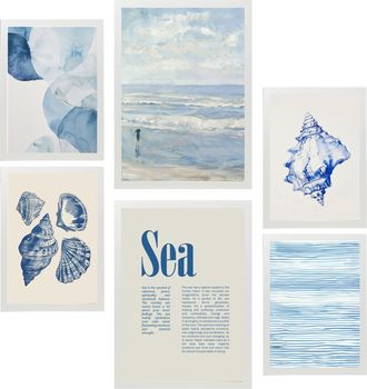 Nacnic Set mit 6 Dekorative Malerei Illustrationen Marine, Blau, Meer und Sommer Gerahmtes Poster mit Design-Illustrationen zur Dekoration der Wände A3 & A4 