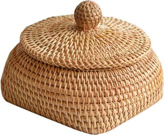 Yarnow Runder Rattankorb Aufbewahrungsbox F&uuml;r Fernbedienungen Geflochtene Strohkorb Tisch Organizer F&uuml;r Wohnzimmer Und Badezimmer