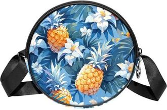 Generic Sac &agrave; bandouli&egrave;re rond pour femme, motif fleurs dananas avec fermeture &eacute;clair, bretelles r&eacute;glables, sac &agrave; main rond d&eacute;contract&eacute; pour femmes et filles
