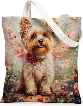 Generic Yorkies Sac fourre-tout en toile pour le shopping Motif chien 33 x 38 cm, sac d&eacute;picerie r&eacute;utilisable pour la Saint-Valentin, pour femme, animal domest