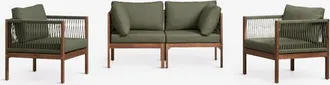Sklum Gartenset mit 2-teiliger modularer Sofaeinheit mit Armlehnen und 2 Sesseln aus Akazienholz Branson Tiefes Gr&uuml;n Olive Akazienbraun dunkel