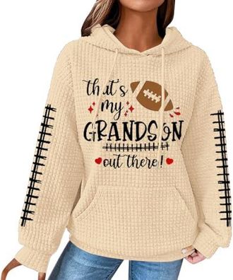 Generic Sweat &agrave; capuche dhiver chaud pour femme avec inscription &laquo; Thats My Grandson Out There &raquo;, imprim&eacute; football, d&eacute;contract&eacute;, fermeture &eacute;clair, beige, XL