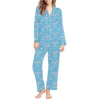 Generic Ensemble de pyjama 2 pi&egrave;ces en satin pour femme avec imprim&eacute; noeud mignon - Haut &agrave; revers et pantalon &agrave; boutons - V&ecirc;tements d&eacute;contract&eacute;s doux et confo