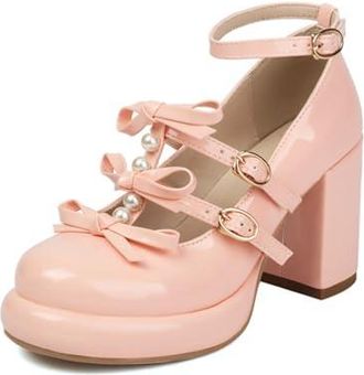 Generic Femmes Mignon Lolita Chaussures Bout Rond Mary Jane Pompes Noeud Perle décor Plate-Forme Bloc Talons élégant soirée fête Bal Chaussures habillées,Rose