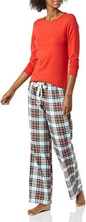 Amazon Essentials Ensemble de Nuit léger en Flanelle avec Pantalon et t-Shirt à Manches Longues pour Femme (Disponible en Grande Taille) Tartan Rouge, Taille L