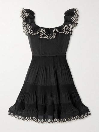 Zimmermann Mini-robe En Organza &Agrave; Plis, Volants, Broderies Et Ceinture - Noir