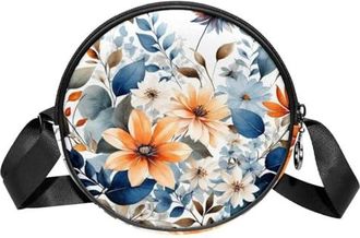 Generic Petit sac &agrave; bandouli&egrave;re circulaire pour femme, motif feuilles florales, sac &agrave; dos avec fermeture &eacute;clair, bretelles r&eacute;glables, sac &agrave; main rond d&eacute;contra