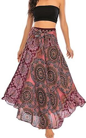 Feoya Jupe Longue Bohême Femme Jupe Gitane Fluide Hippie Taille Haute Élastique Jupes Indienne Maxi Robe Imprimé de Plage Vacances Robes Licou Dos Nu Sexy 2
