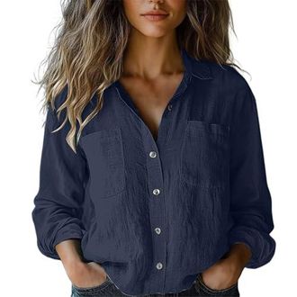 Generic Chemise d&eacute;contract&eacute;e en coton et lin pour femme - Manches longues - Couleur unie - Haut de travail ample avec poches - T-shirt &agrave; manches longues pour 