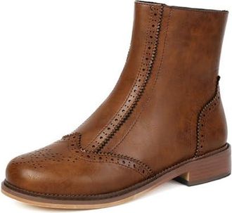 Generic Bottines western cowgirl pour femme, fermeture &eacute;clair lat&eacute;rale, bout rond perfor&eacute;, talons bas, chaussures habill&eacute;es r&eacute;tro Brouge, marron, 38.5 EU