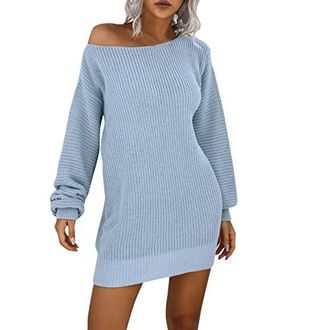 Generic 2026 Nouvelles femmes Robe pull &agrave; &eacute;paules d&eacute;nud&eacute;es en tricot &eacute;pais, bleu clair, S