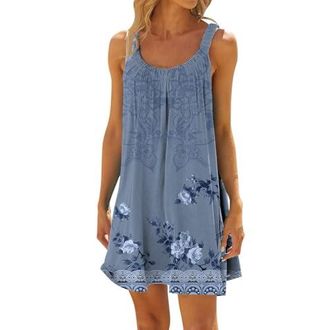 Generic Robe d&eacute;t&eacute; pour femme - Mode d&eacute;t&eacute; - Imprim&eacute; floral - Pliss&eacute; - Sans manches - Bandouli&egrave;re - Vacances &agrave; la plage - Robe d&eacute;contract&eacute;e, bleu, XXL