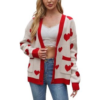 Generic Cardigan &agrave; manches longues ouvert sur le devant pour femme - Tricot en forme de coeur - Col en V boutonn&eacute; - Pull surdimensionn&eacute; l&eacute;ger et d&eacute;contract&eacute; p
