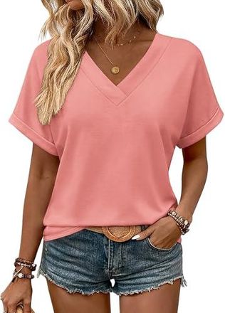 Zeagoo T-shirt pour femme - Col en V - Manches courtes - &Eacute;l&eacute;gant - D&eacute;contract&eacute; - Couleur unie - Tailles S &agrave; 2XL, Orange/rose., XXL