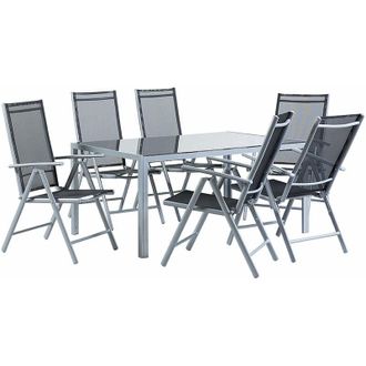 Beliani Gartenm&ouml;bel Set Schwarz Glas Aluminium Stoffbespannung 7-Teilig 6-Sitzer Modern Tisch 160 x 91 cm und 6 St&uuml;hle Terrasse Outdoor Ausstattung