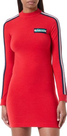 Love Moschino Slim fit Long-Sleeved Dress in Stretch Wool Blend, 14 Gauge, with Striped Tape on Sleeves and Patch on Chest
