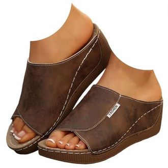 Generic Sandales orthop&eacute;diques compens&eacute;es en cuir &eacute;pais pour femme - Bout ouvert - Chaussures de marche d&eacute;contract&eacute;es - Pour voyage, vacances - Confortable - 