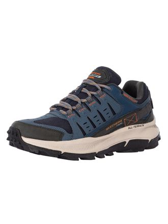 Skechers Herren Equalizer 5.0 Trail-Solix Sneaker, Marineblaues Leder, Netzstoff, orangefarbener Besatz, 41 EU