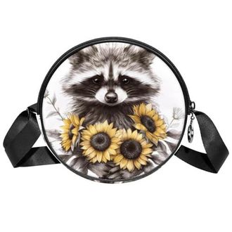 Generic Petit sac &agrave; bandouli&egrave;re circulaire pour femme, motif tournesol raton laveur avec fermeture &eacute;clair, bretelles r&eacute;glables, sac &agrave; main rond d&eacute;contract&eacute; po