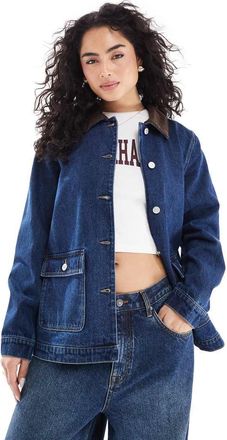 Only Veste en denim &agrave; d&eacute;tail en velours c&ocirc;tel&eacute;- Bleu fonc&eacute;