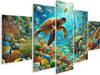 Islandburner Bild auf Leinwand Unterwasserszene mit Meeresschildkröten und bunten Fischen im Korallenriff Bilder Wandbilder Poster