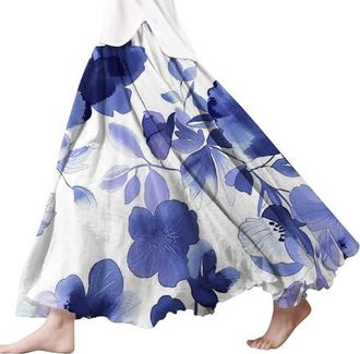 Generic Jupes pour femmes &agrave; la mode et en lin en forme d&eacute;ventail - Grand ourlet imprim&eacute; - Jupe longue 2026 - Jupe trap&egrave;ze &agrave; fleurs - Jupe trap&egrave;ze, bleu, L
