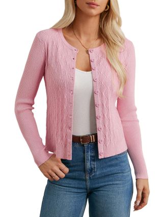Grace Karin Damen Classic Strickjacke Langarm Casual Kurz Cardigan Button Down Pullover Rosa XXL