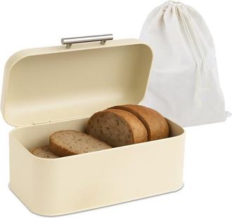 Relaxdays Brotkasten mit Brotbeuel, Brotbox mit Deckel & Griff, HBT 15,5x30x21 cm, Brotkiste Retro-Design, Metall, beige