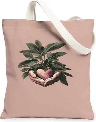Generic Sacs fourre-tout artistiques en toile, motif coeur et plantes, sacs d&eacute;picerie r&eacute;utilisables, l&eacute;gers et lavables avec bandouli&egrave;re pour voyage, plage P,