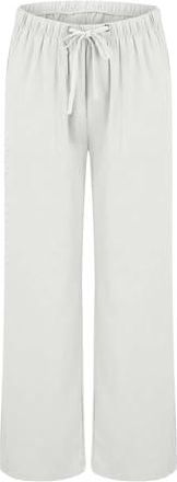 Generic Pantalon d&eacute;t&eacute; en lin pour femme - Pantalon d&eacute;contract&eacute; - Taille &eacute;lastique - Avec poches - Coupe ample - Jambe large - L&eacute;ger - Cordon de serrage, blanc