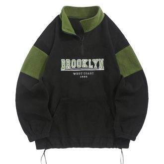 Zaful Viertel Zip Farbblock Polar Vlies Fleece Sweatshirt Herren Vintage Brief Stickerei Langarm f&uuml;r Herbst Winter (5-Schwarz,XL)