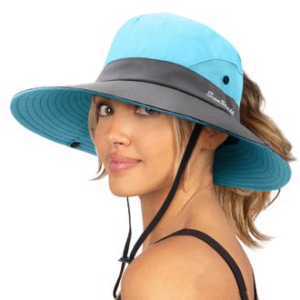 Dreshow Damen Sonnenhut Outdoor UV-Schutz Hut faltbar Mesh breite Krempe Angeln Pferdeschwanz Strand Eimer H&uuml;te