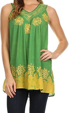 Sakkas 097 Broderie Batik Chemisier Col V sans Manches-Bourgogne - Vert/Jaune/Taille Unique