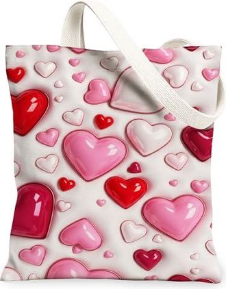 Generic Sacs fourre-tout en toile motif coeurs romantiques, sacs d&eacute;picerie r&eacute;utilisables, l&eacute;gers et lavables avec bandouli&egrave;re, Rouge, 13x15 Inch