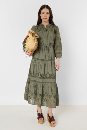 Gerard Darel Robe longue &agrave; broderies en coton - RHONIE - Vert Kaki