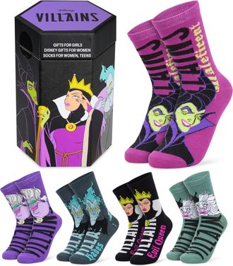 Disney Villains Socken Damen 5er Pack, Strümpfe mit Farbenfrohen Designs, Bequem & Weich, Geschenke für Frauen & Teens (36/41 EU, Multi Villains)