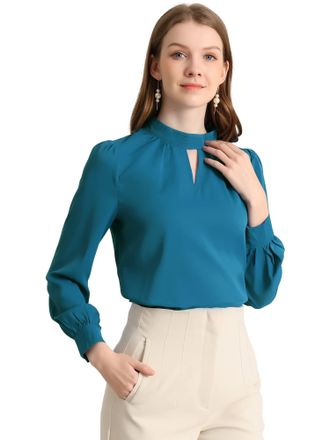 Allegra K Damen B&uuml;ro Oberteil Langarm V-Ausschnitt Stehkragen Cut Out Elegante Top Bluse Pfauenblau M
