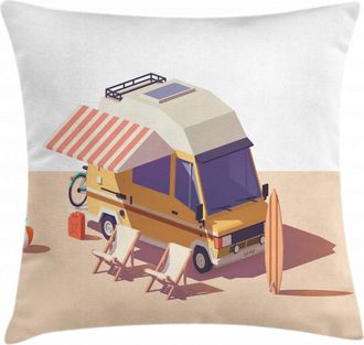 Abakuhaus RV Kissenbezug, Camper Van Stühle und Surfbrett, Kissenhülle mit Reißverschluss Waschbar Farbfest Beidseitiger Druck, 40 x 40 cm, Beige Braun