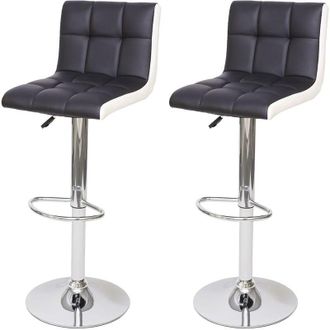 Hhg 2x Tabouret de bar 232, chaise bar/comptoir, r&eacute;glable en hauteur, similicuir noir-blanc, pied chrom&eacute;