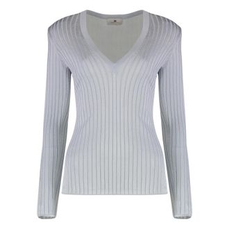 Elisabetta Franchi Gerippter Strick V-Ausschnitt Langarm Top - - Knitwear - Damen - Blau - L