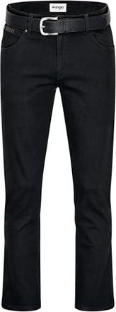 Wrangler Texas Jean stretch pour homme Coupe droite Coupe droite Différents délavages Avec ceinture en noir ou marron, Black Overdye + ceinture noire, 46W / 30