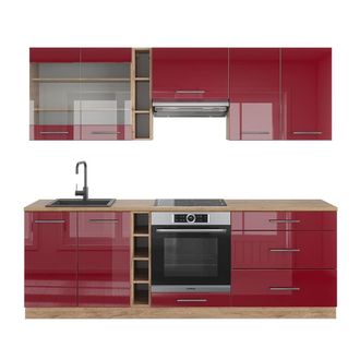 Vicco K&uuml;chenzeile Fame-Line, Bordeaux Hochglanz/Eiche Gold, 235 cm ohne Arbeitsplatte