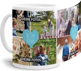 Tassendruck Fototasse mit Spruch - Bester Uropa - zum SELBSTGESTALTEN mit Foto-Collage für 8 WUNSCHFOTOS - Bestes Fotogeschenk für Uropa - Weiß